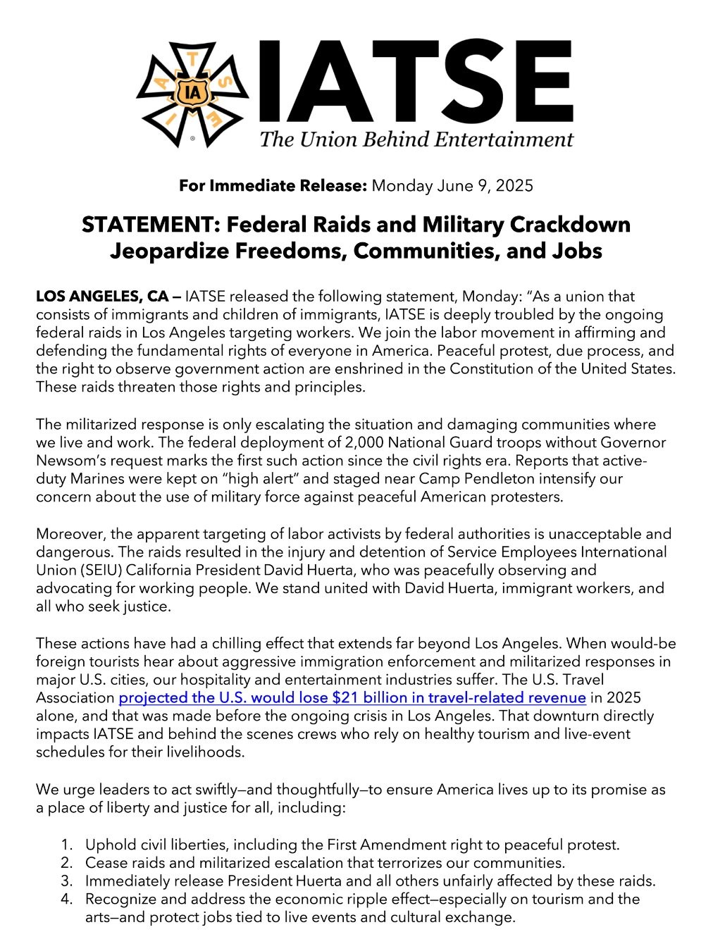 IATSE Statement: Federal Raids and Military Crackdown Jeopardize ...